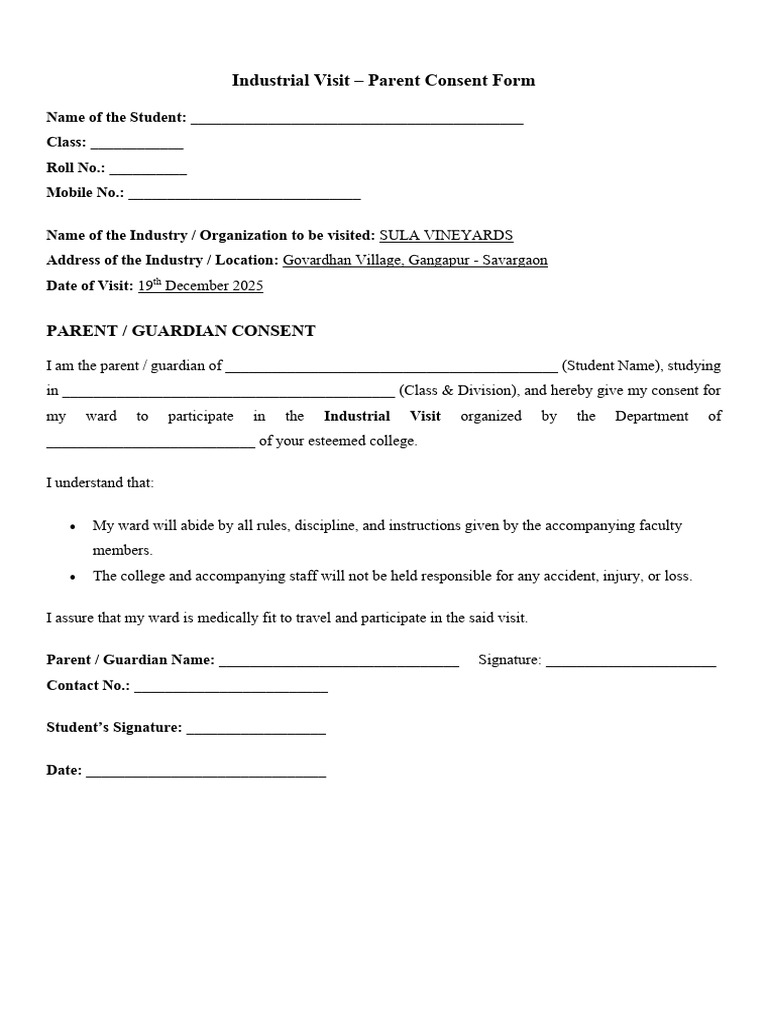 Industrial Visit Consent Form Template | PDF