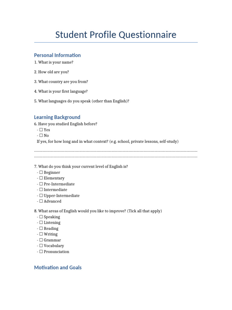 CELTA Student Profile Questionnaire | PDF | English Language | Linguistics