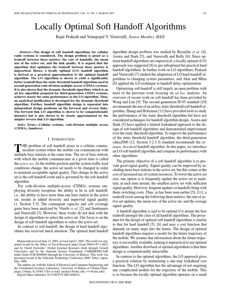 Locally Optimal Soft Handoff Algorithms Rajat Prakash And Venugopal V