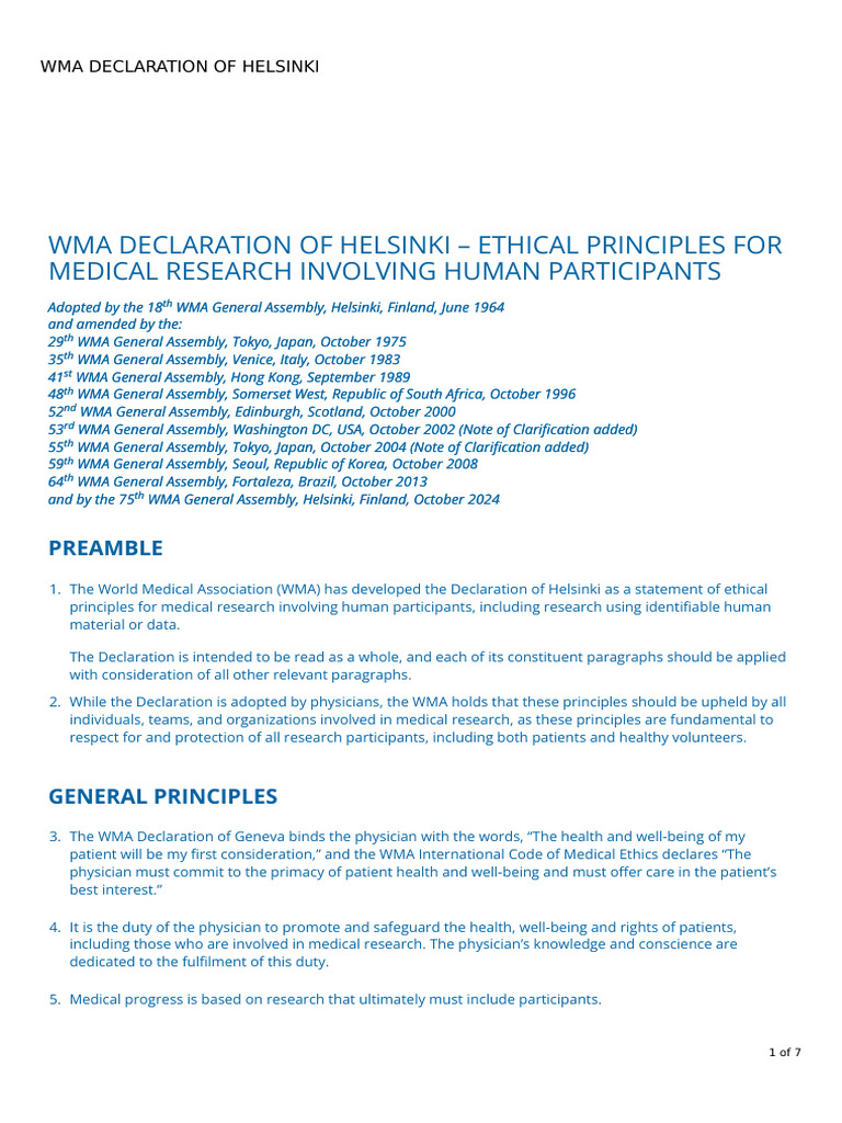 Wma Declaration of Helsinki | PDF | Informed Consent | Clinical Trial