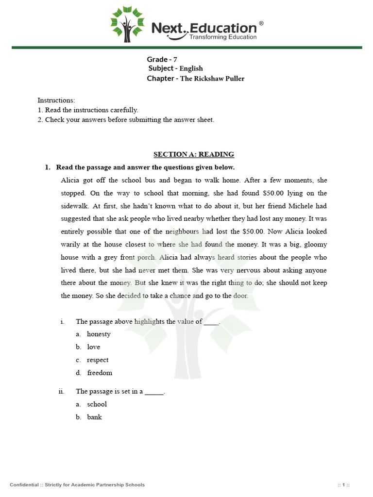 Worksheet G7 English the Rickshaw Puller.docx | PDF | Linguistics