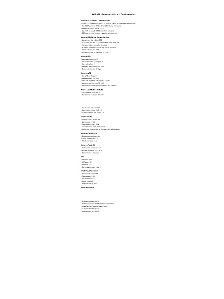 AWS SAA Resource Limits CheatSheet | PDF