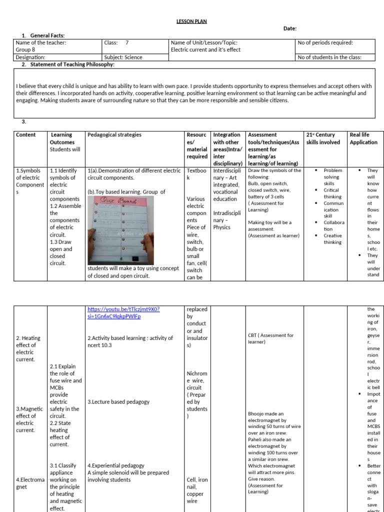 Lesson Plan Electric Cls 7 | PDF | Learning | Lesson Plan