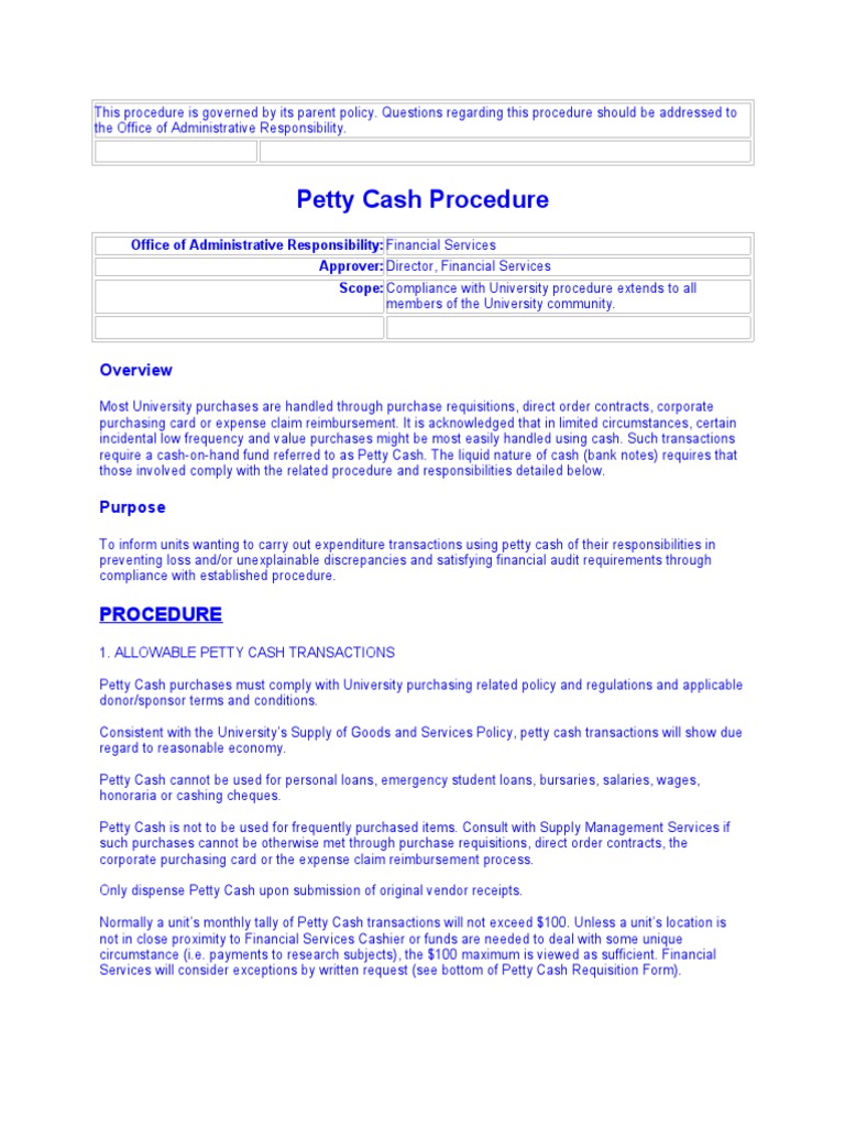Petty Cash Procedure: Guidelines for Allowable Transactions, Obtaining ...