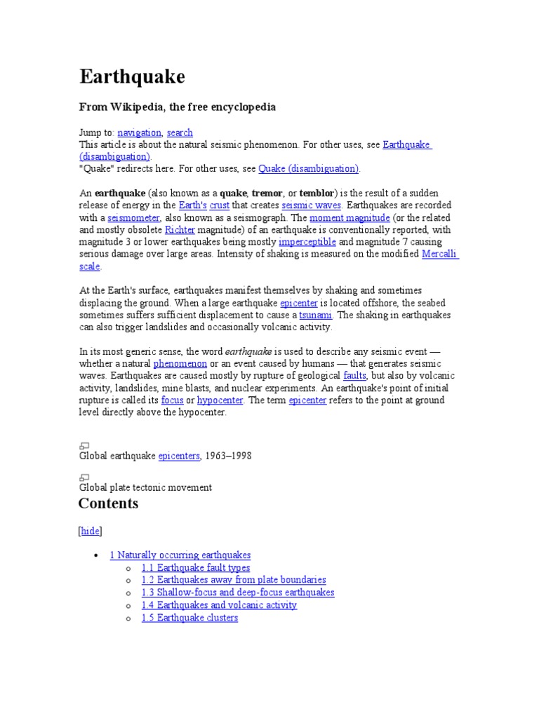 Earthquake: From Wikipedia, The Free Encyclopedia | PDF | Earthquakes ...