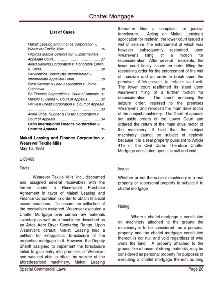 Chattel Mortgage: List of Cases | PDF | Mortgage Law | Foreclosure
