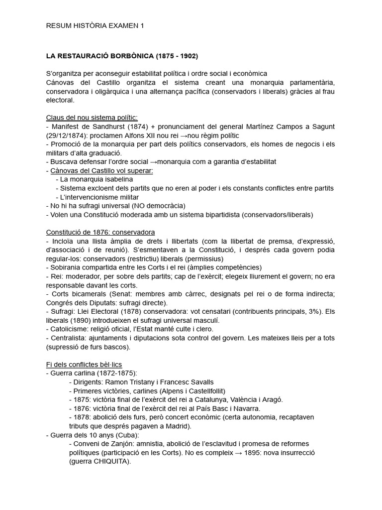 RESUM LA RESTAURACIÓ BORBÒNICA (1875 - 1902) | PDF