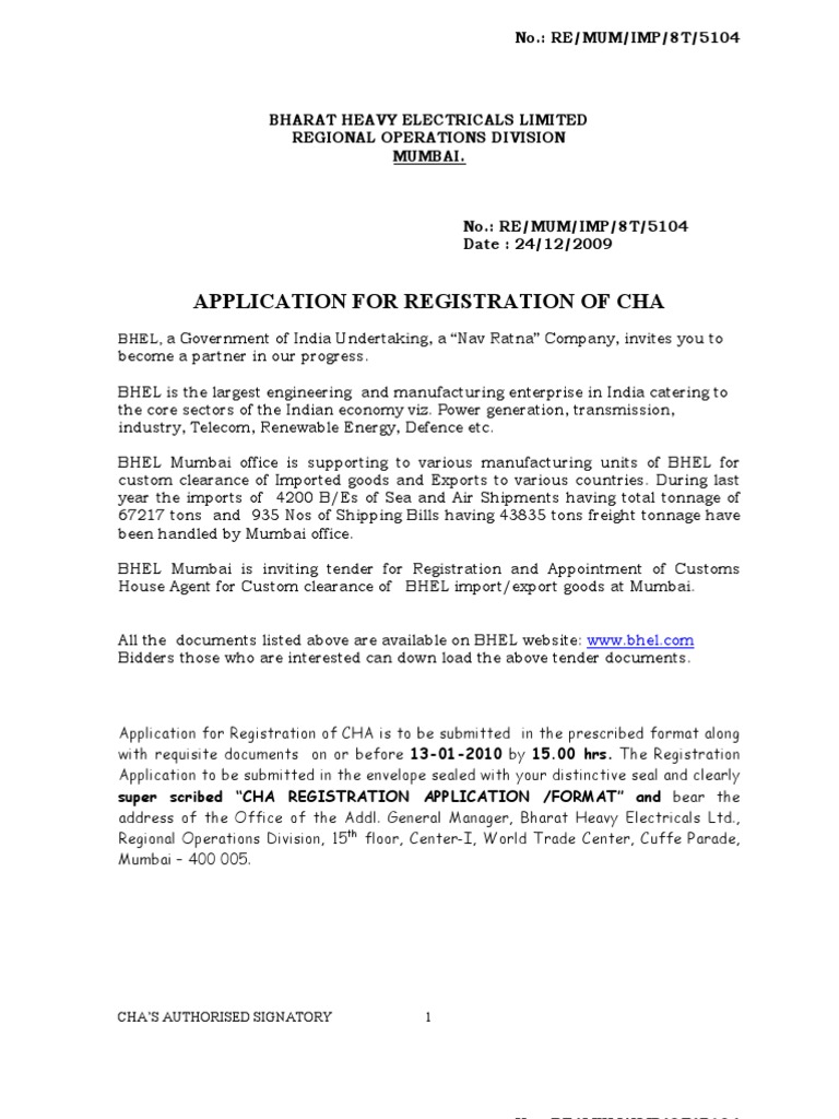 CHA Registration Application for BHEL | PDF | Business | Government