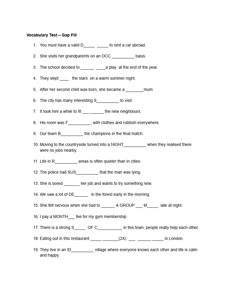 Vocabulary Gap Fill Test Guide | PDF