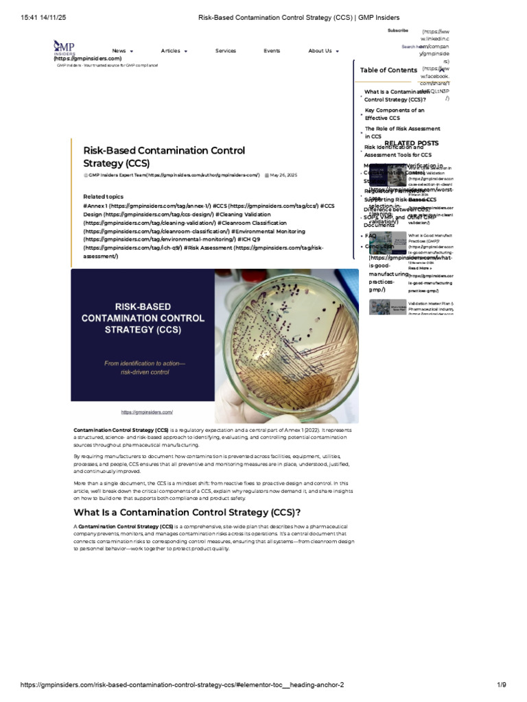 Risk-Based Contamination Control Strategy (CCS) - GMP Insiders | PDF ...
