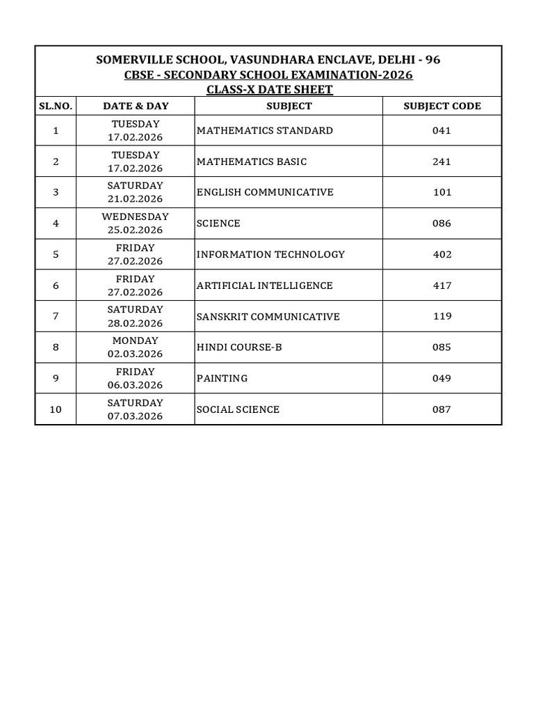Date Sheet X Cbse Examinations - 2026 | PDF