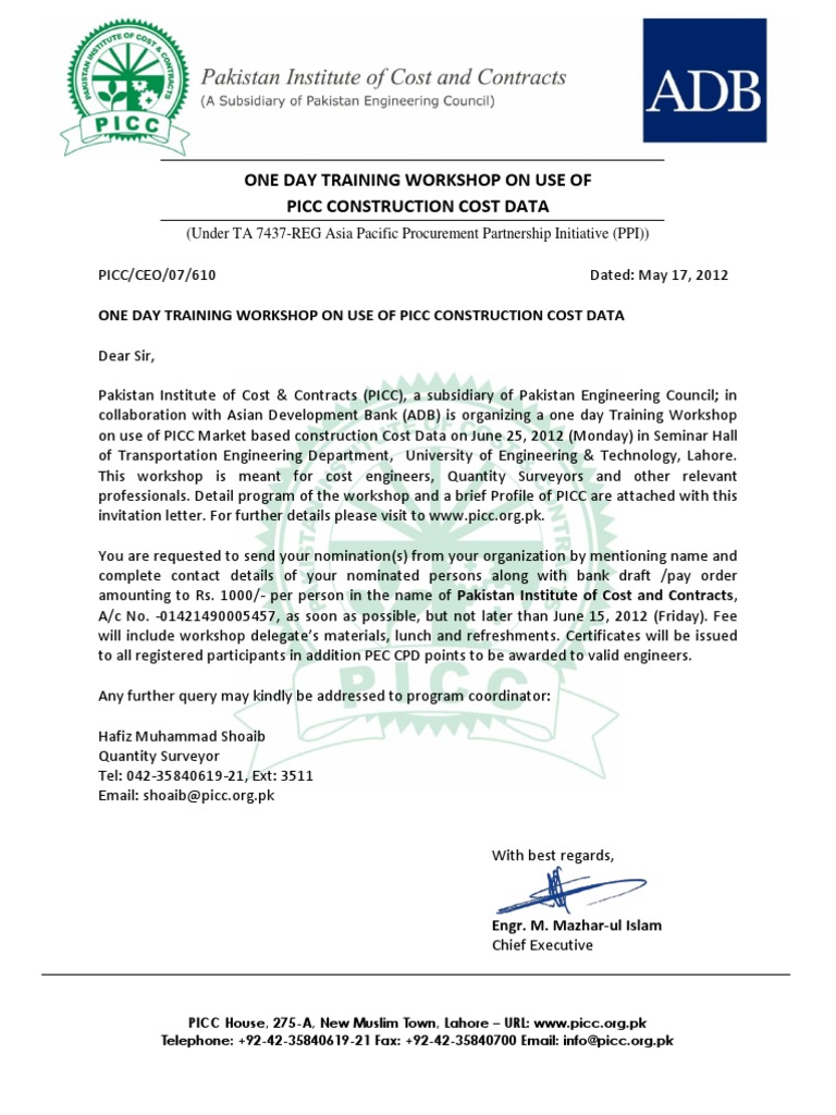 PICC-ADB Workshop Invitation Letter - 3 | PDF | Pakistan ...