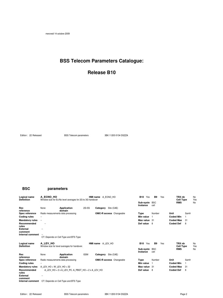 BSS Telecom Parameters Catalogue: Release B10: Mercredi 14 Octobre 2009 | PDF | Bit | Gsm
