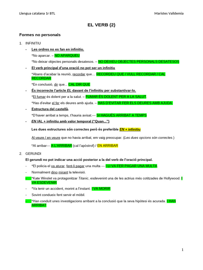 APUNTS VERB 2 classe 2 | PDF