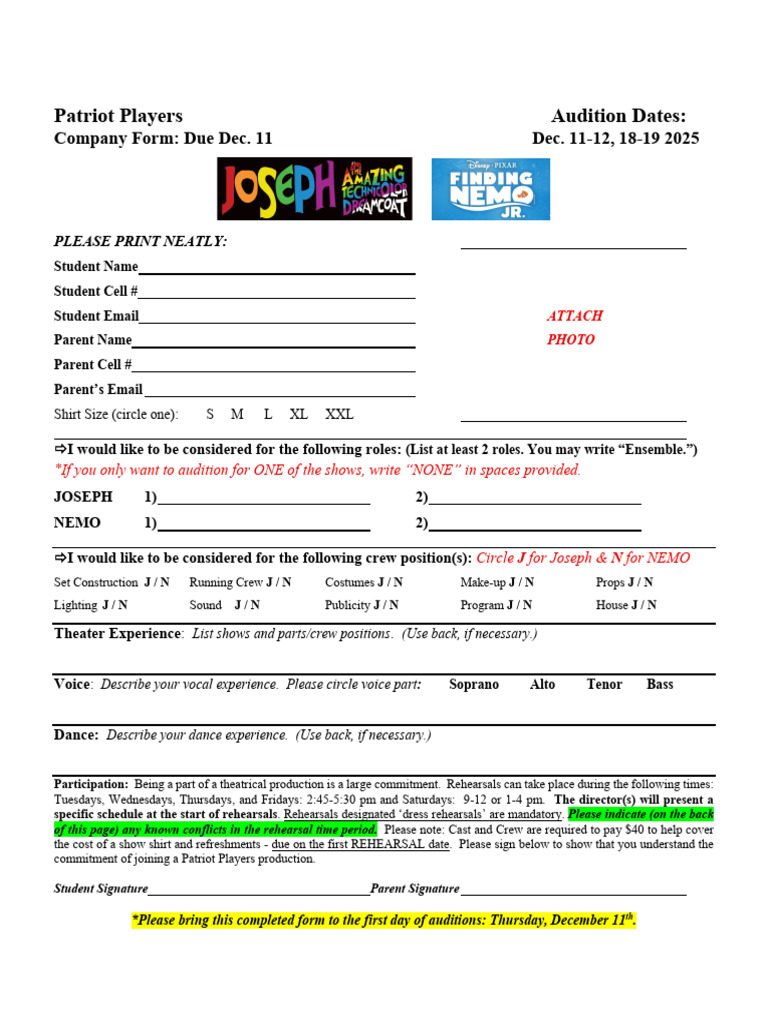 Patriot Players Audition Form 2025 | PDF