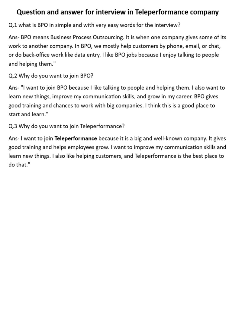 Teleperformance Interview Q&A Guide | PDF | Business Process ...