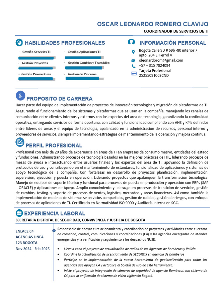 Coordinador TI con 20 años de experiencia | PDF | Planificación de ...