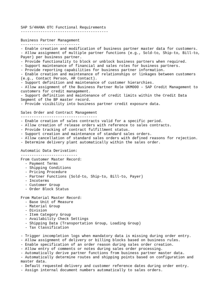SAP S/4HANA OTC Functional Specs | PDF | Invoice | Receipt