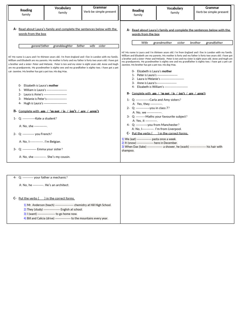 Family, Verb Be, Simple Present Worksheet | PDF | Grandparent ...