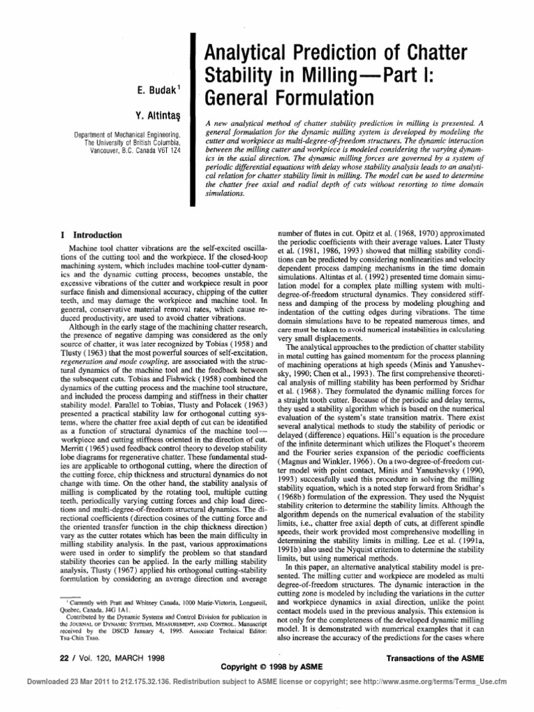 Analytical Prediction of Chatter Stability in Milling-Part I: General Formulation | Stability ...