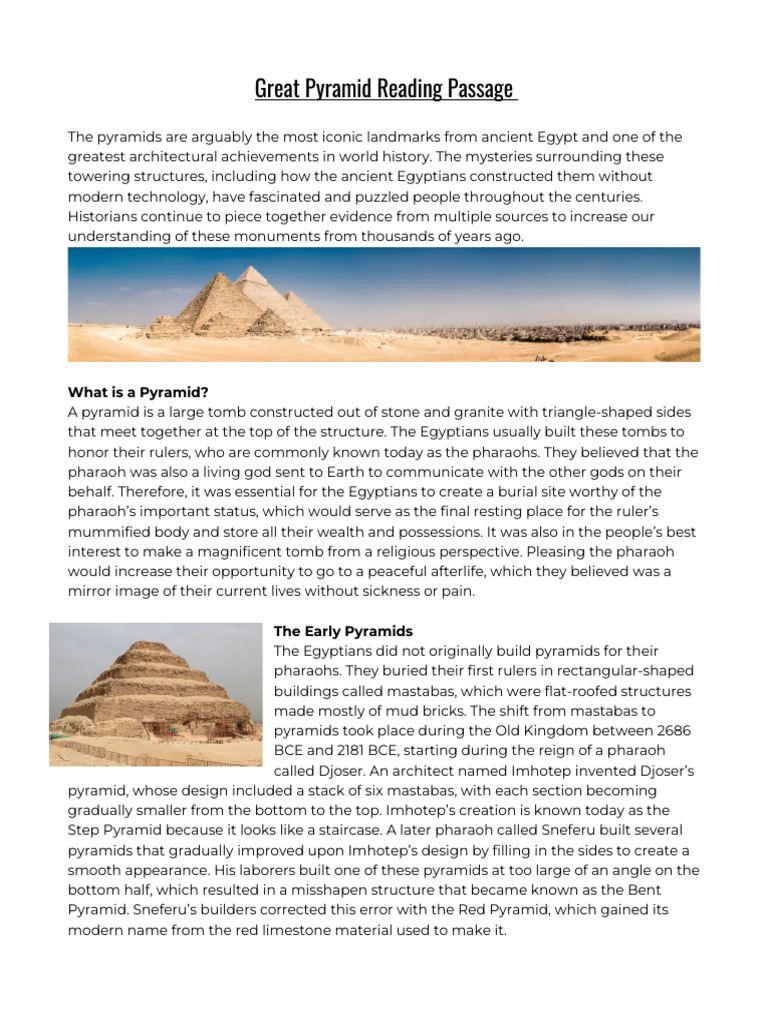 Great Pyramid Reading Passage | PDF | Egyptian Pyramids | Ancient Egypt