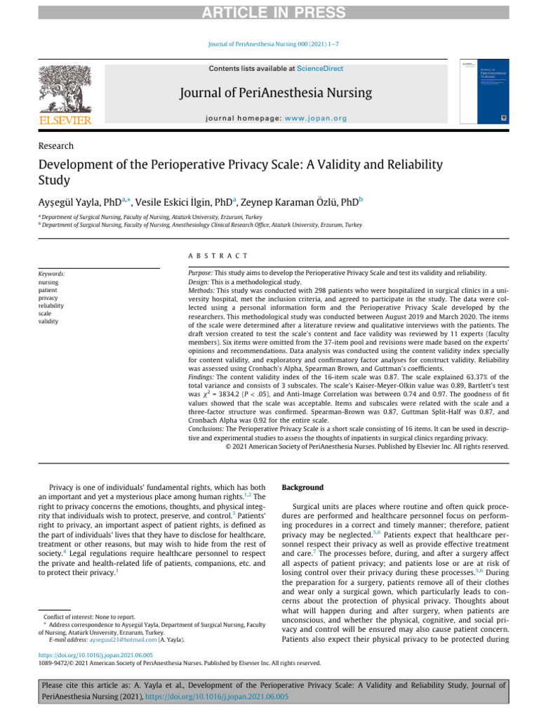 Perioperative Privacy Scale Development Study | PDF | Factor Analysis ...