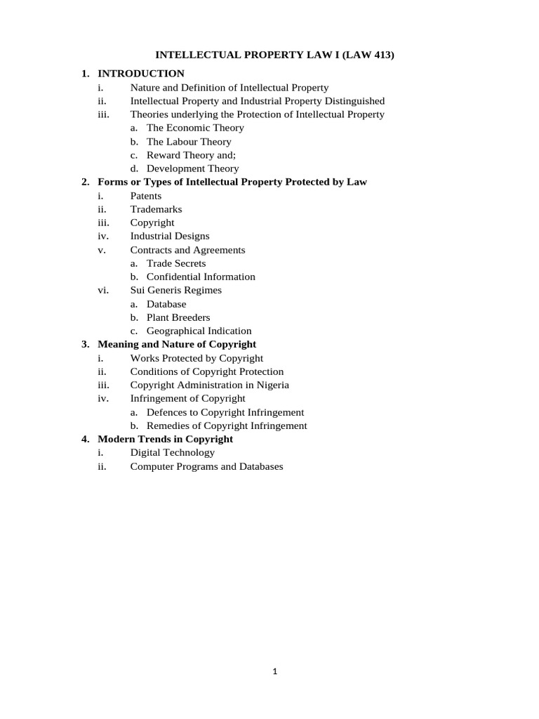 Intellectual Property Law I - Law 413 Notes - Course Outline | PDF ...