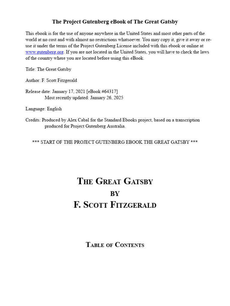 The Project Gutenberg Ebook of The Great Gatsby | PDF | The Great Gatsby