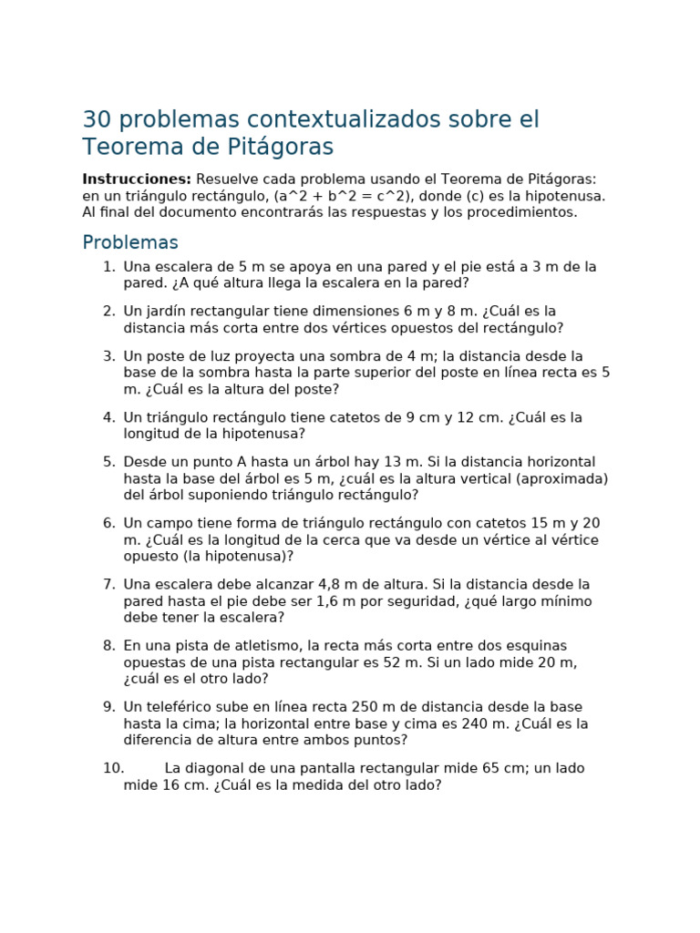 Problemas del Teorema de Pitágoras | PDF | Triángulo | Geometría euclidiana
