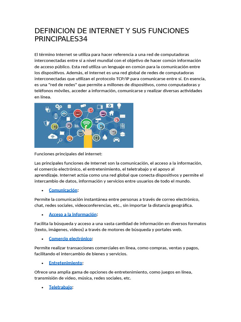 DEFINICION DE INTERNET Y SUS FUNCIONES PRINCIPALES | PDF | Internet ...