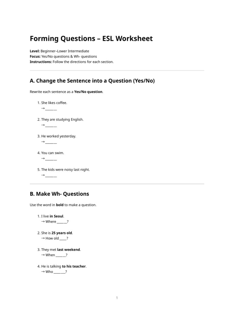 Forming Questions - Esl Worksheet | PDF