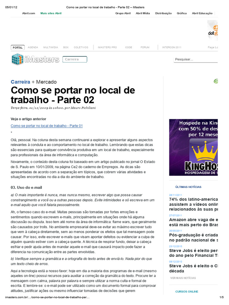 Como se portar no local de trabalho - Parte 02 – iMasters | PDF | Tempo ...