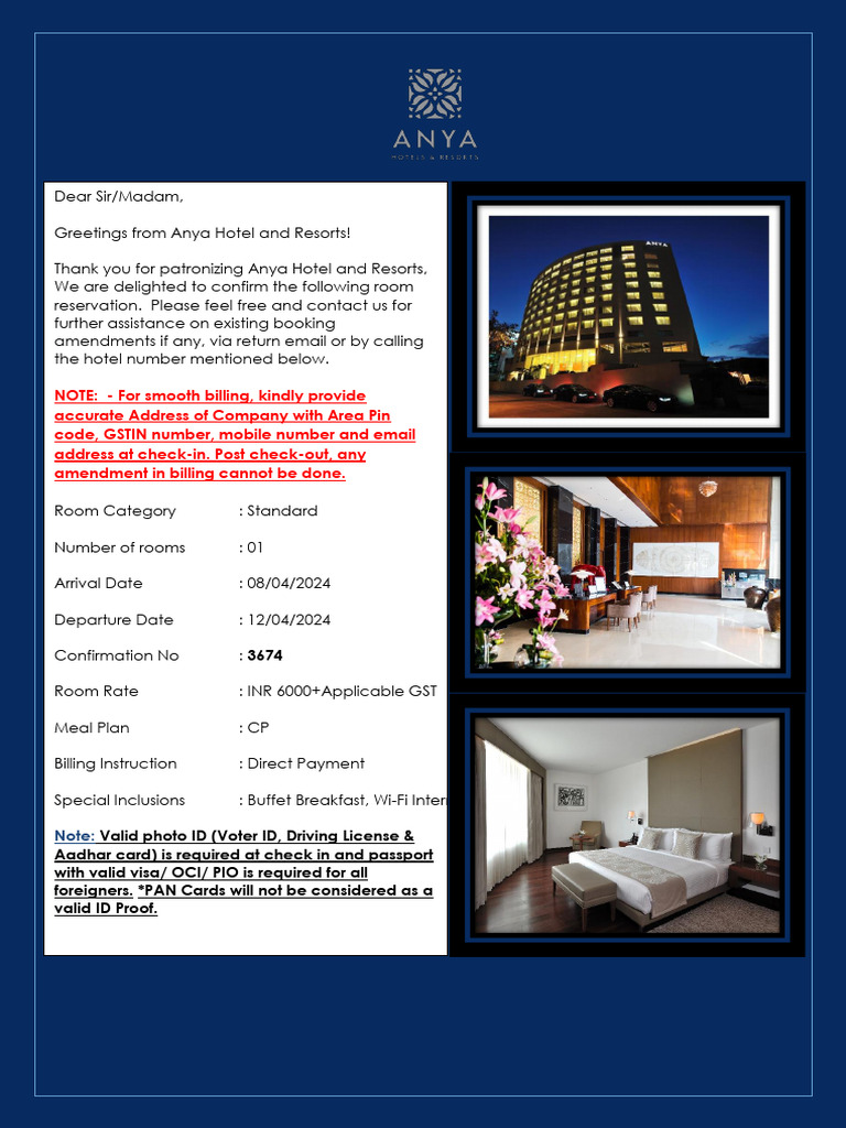 Anya Hotel Reservation Confirmation | PDF