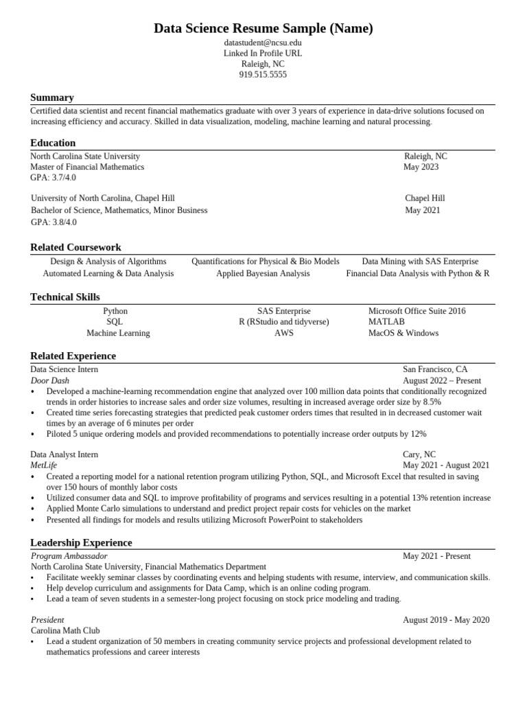 Data Science Resume Sample | PDF | Machine Learning | Sas (Software)
