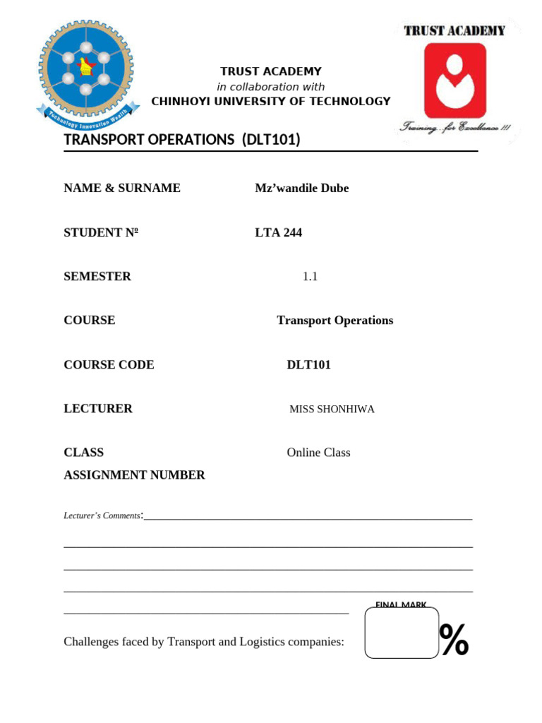 DLT 101 Assingment 3 Mzwandile Dube LTA 244 (Online) | PDF | Logistics ...