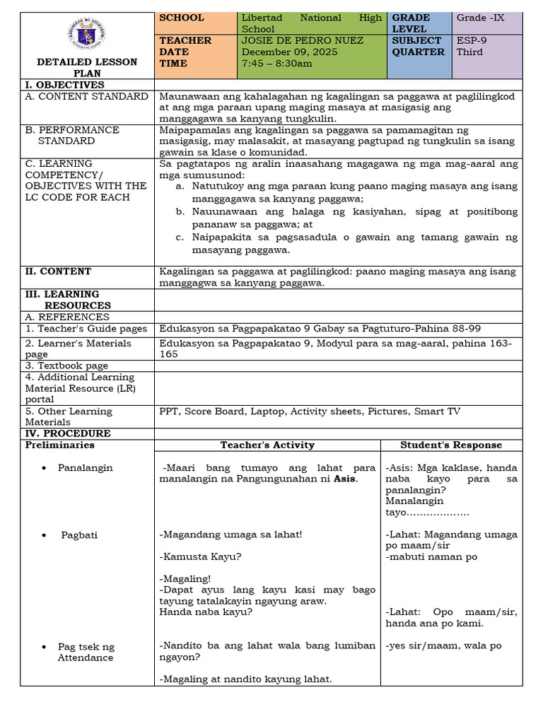 DLP-Detailed Lesson Plan - ESP-FINAL | PDF