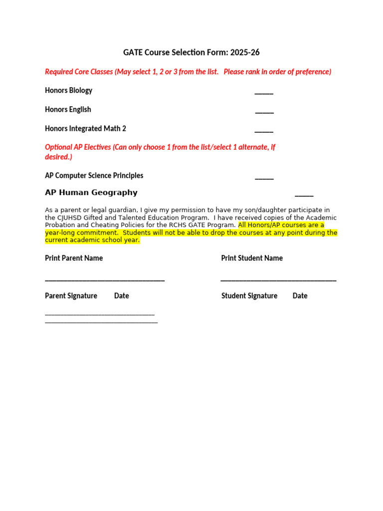GATE Course Selection Form 2025-26 | PDF