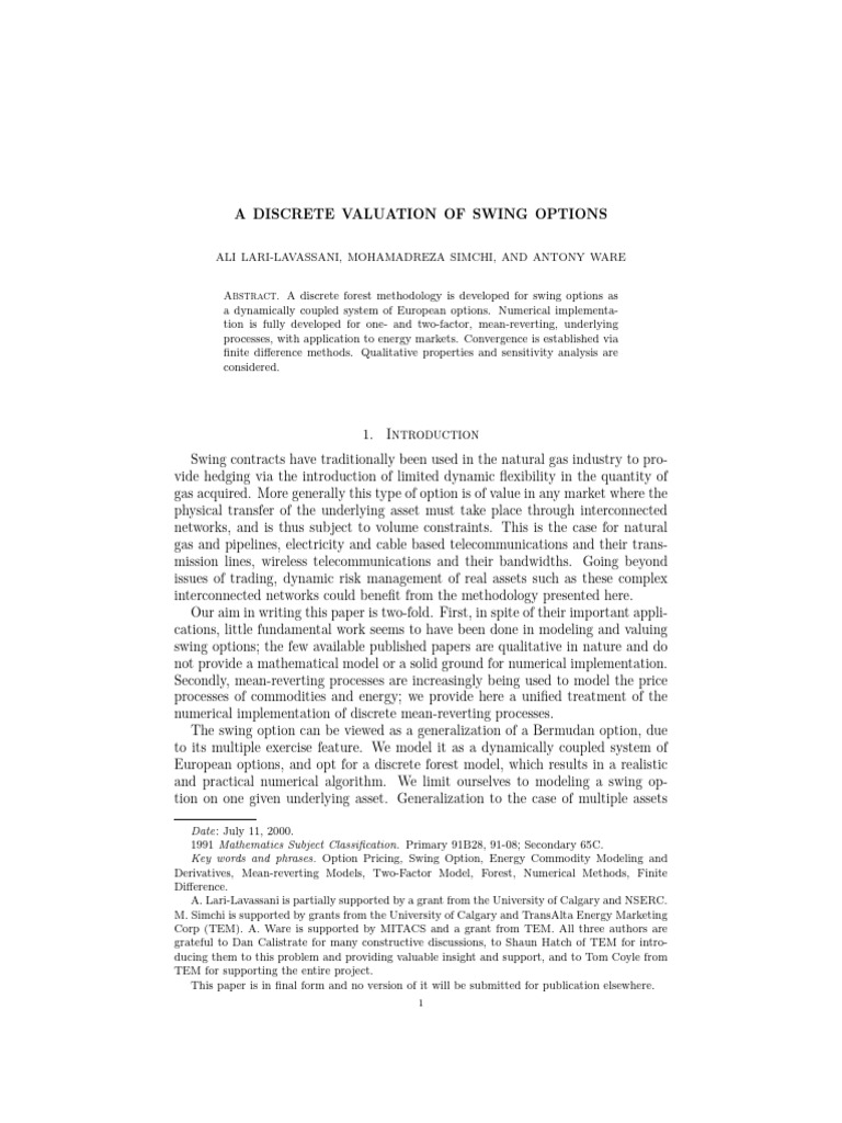 Discrete Valuation of Swing Options | PDF | Option (Finance ...