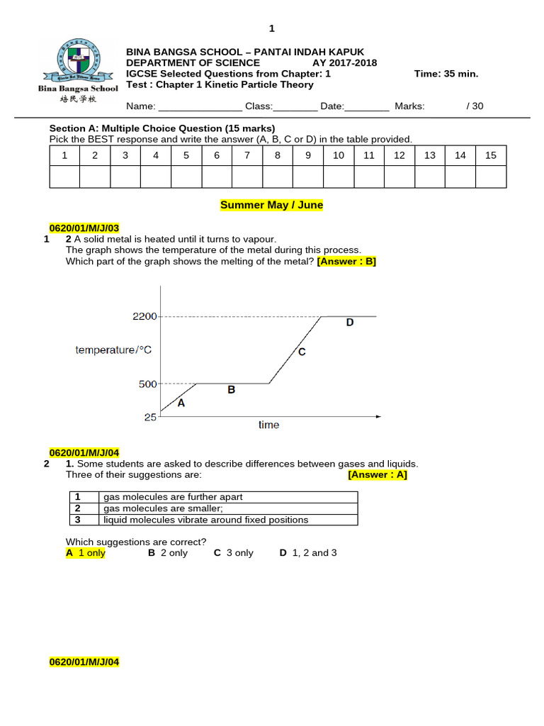 IGCSE Kinetic Particle Theory Test | PDF | Gases | Ammonia