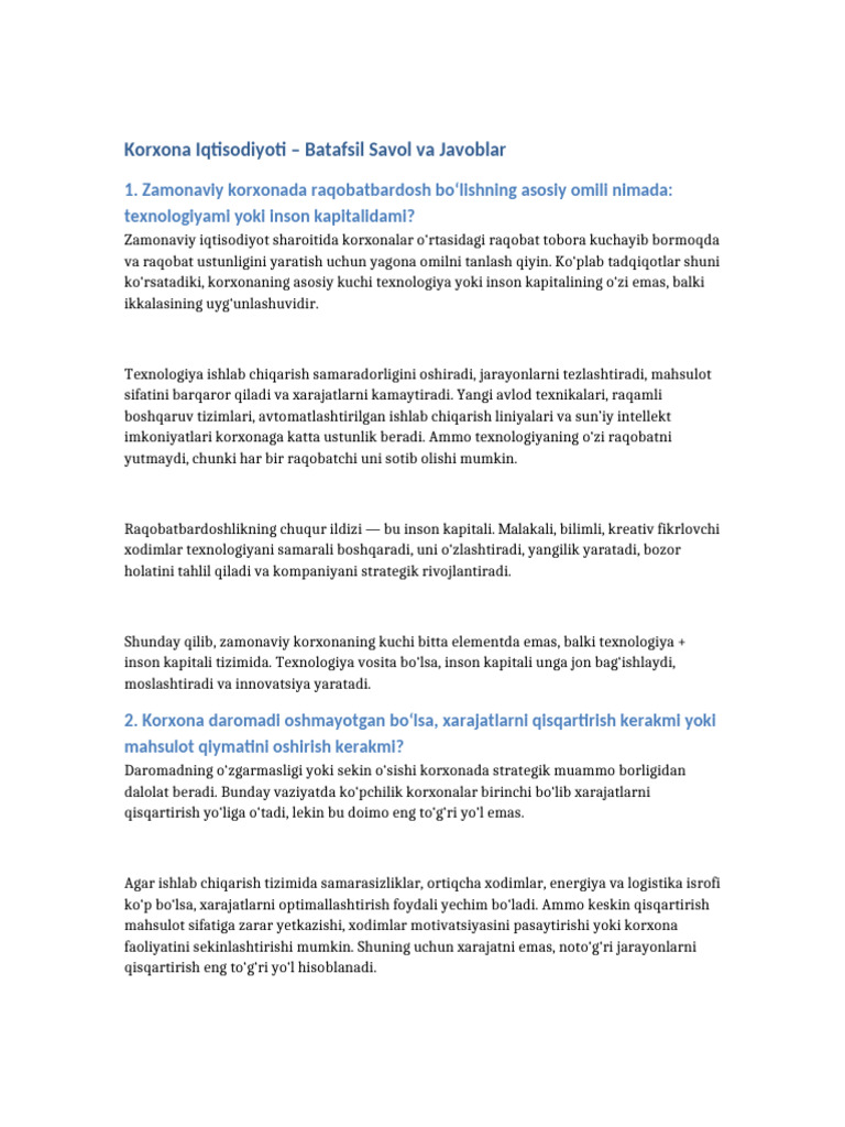Korxona Iqtisodiyoti Batafsil Savol Javob | PDF