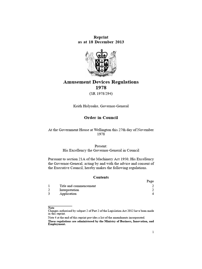 SR 294 - Amusement Devices Regulations 1978 - Reprint 2013 - Current ...
