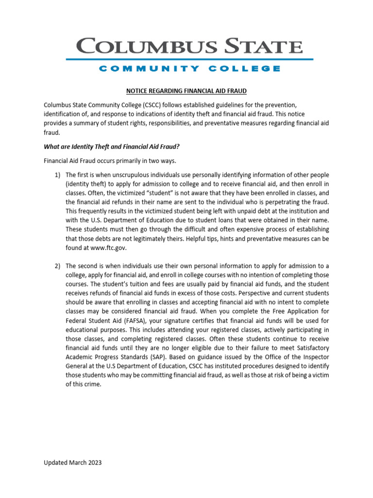FA Fraud Notice | PDF | Identity Theft | Student Financial Aid In The ...