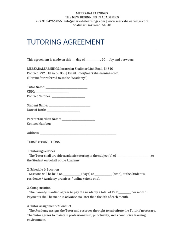 Tutoring Agreement Merkabalearnings | PDF