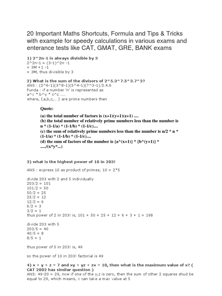 20 Important Maths Shortcuts | PDF | Prime Number | Fraction (Mathematics)