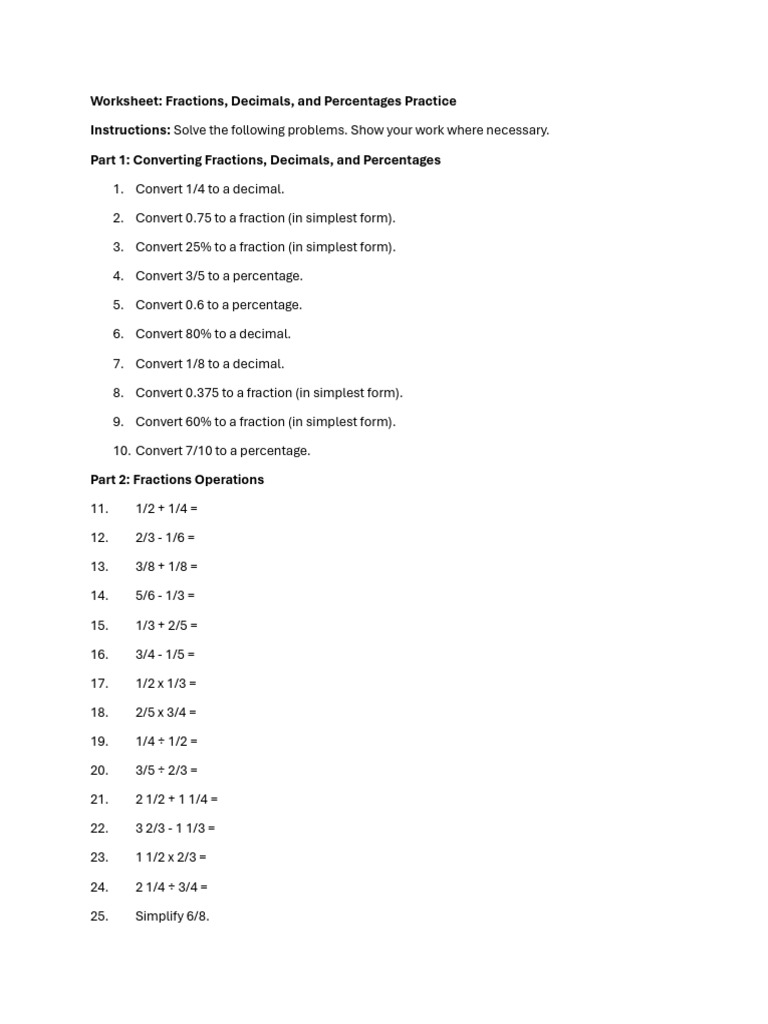 Fractions, Decimals, Percentages Worksheet | PDF