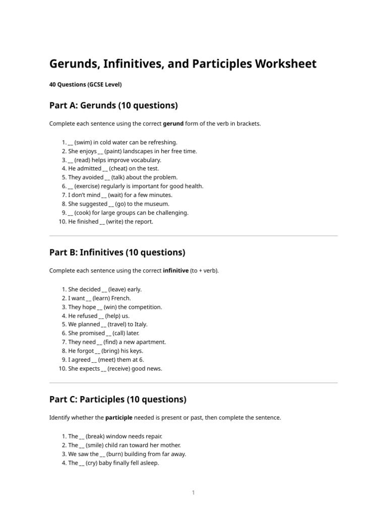 Gerunds Infinitives Participles Worksheet | PDF | Verb