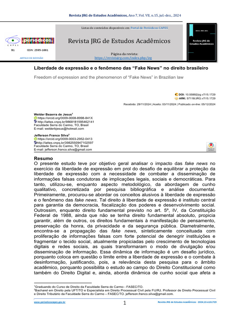 Liberdade de Expressao e o Fenomeno Das Fake News | PDF | Liberdade de ...
