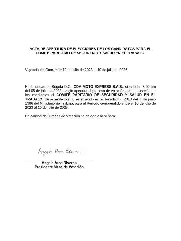 Acta de Apertura de Elecciones Copasst | PDF