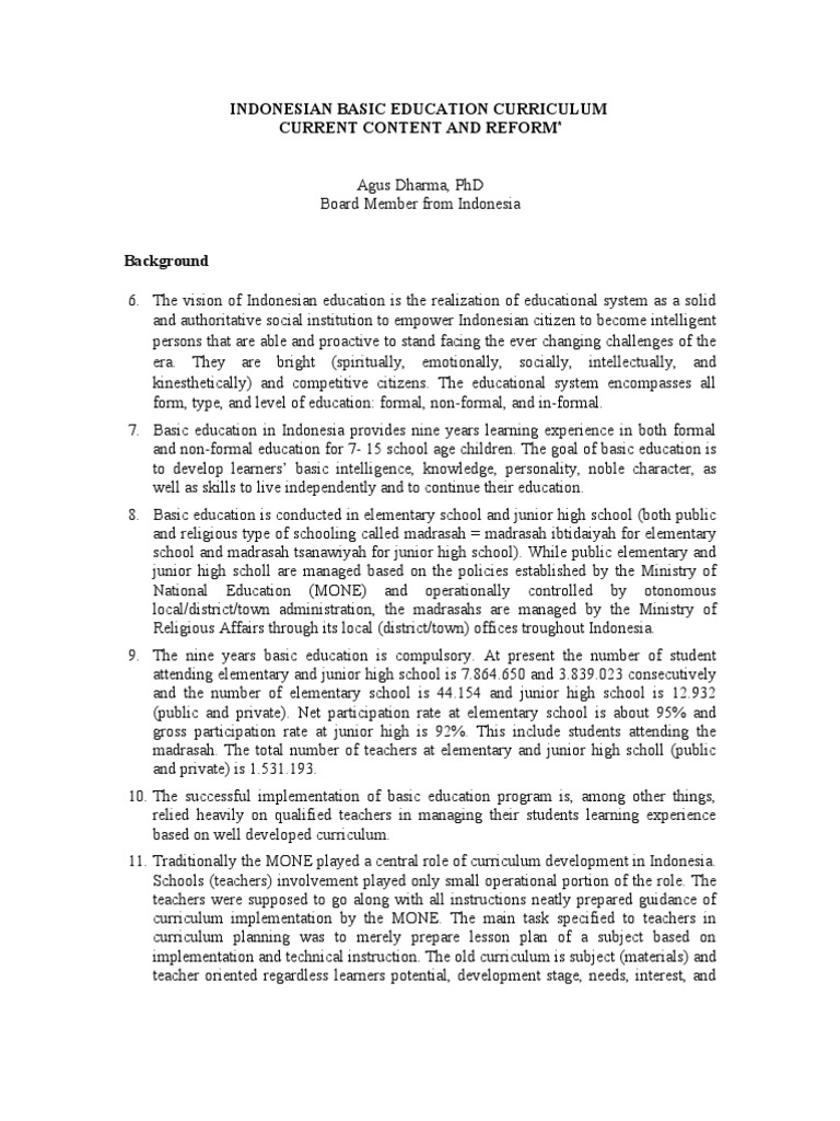 Indonesian Basic Education Curriculum Current Content And Reform