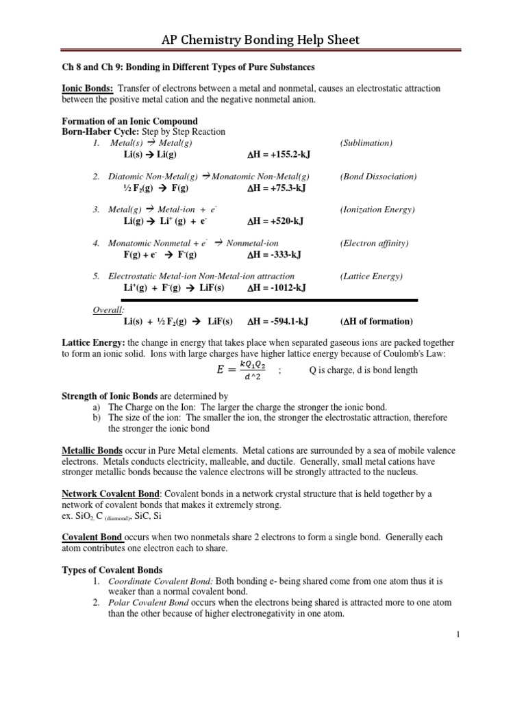AP Chemistry Bonding Help Sheet: 2, (Diamond) | PDF | Chemical Bond ...